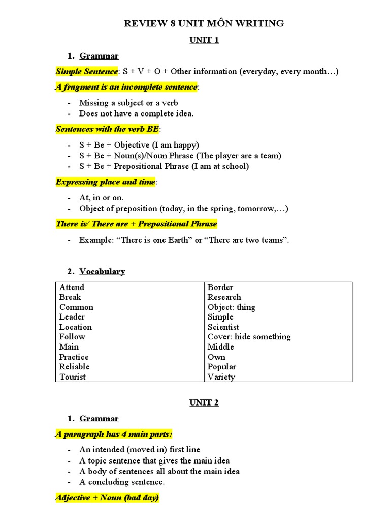 Review 8 Unit Môn Writing | PDF | Phrase | Verb