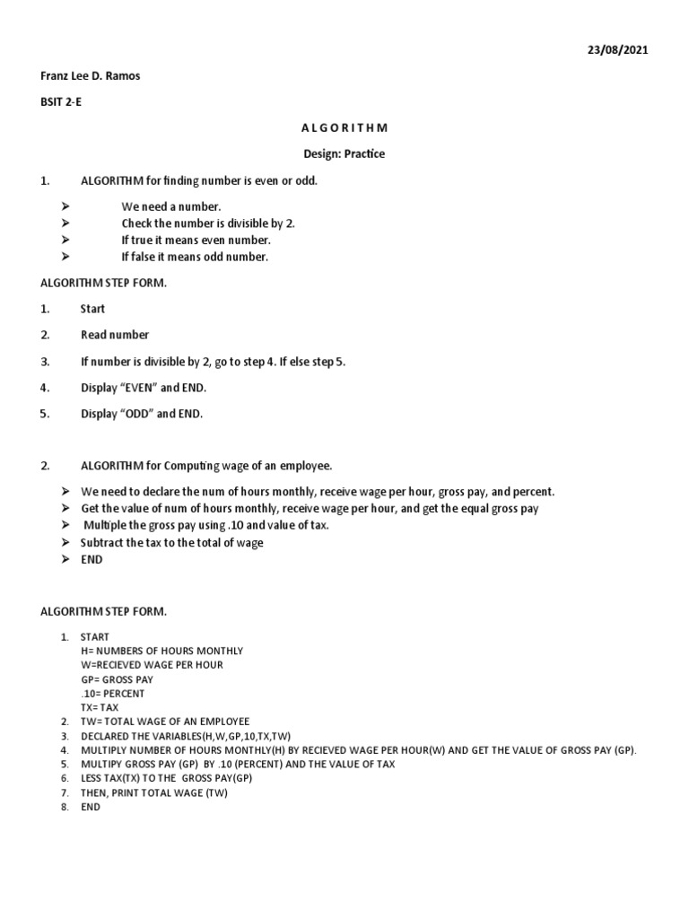 23/08/2021 Franz Lee D. Ramos Bsit 2-E Algorithm Design: Practice | PDF 23/08/2021 Franz Lee D. Ramos Bsit 2-E Algorithm Design: Practice | PDF