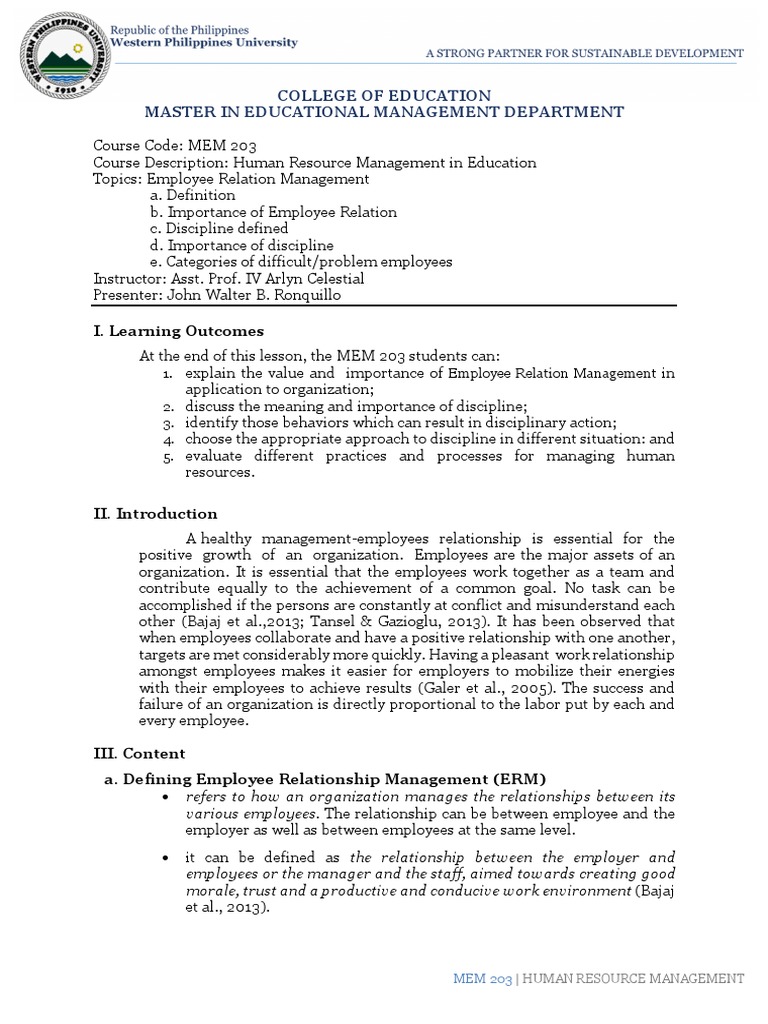 EMPLOYEE RELATION MANAGEMENT-MEM 203 HRM-Ronquillo, John Walter | PDF ...