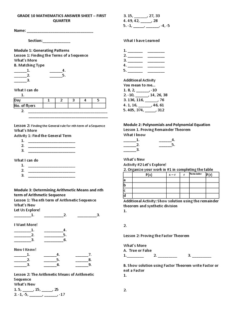 ANSWER SHEET 1st QUARTER 1 | PDF | Factorization | Mean