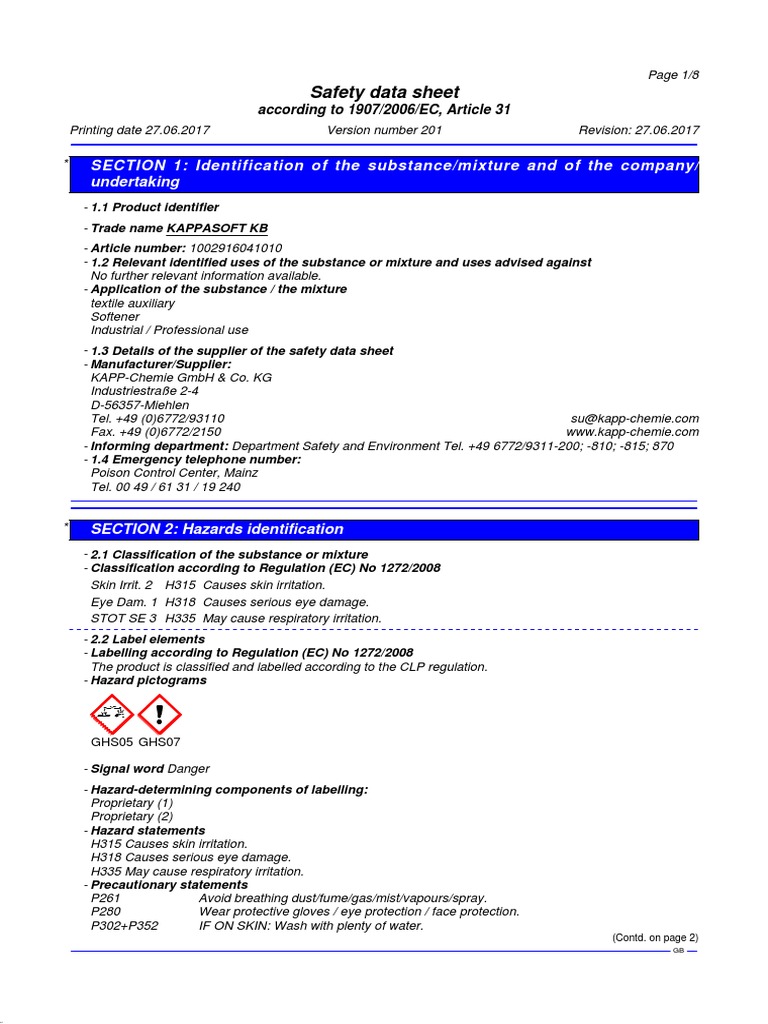 Safety Data Sheet: SECTION 1: Identification of The Substance/mixture ...