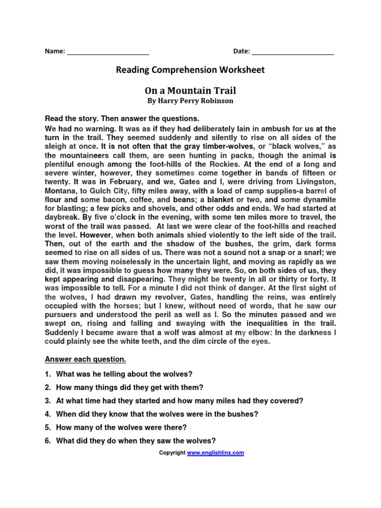 Reading Comprehension Worksheet On A Mountain Trail | PDF