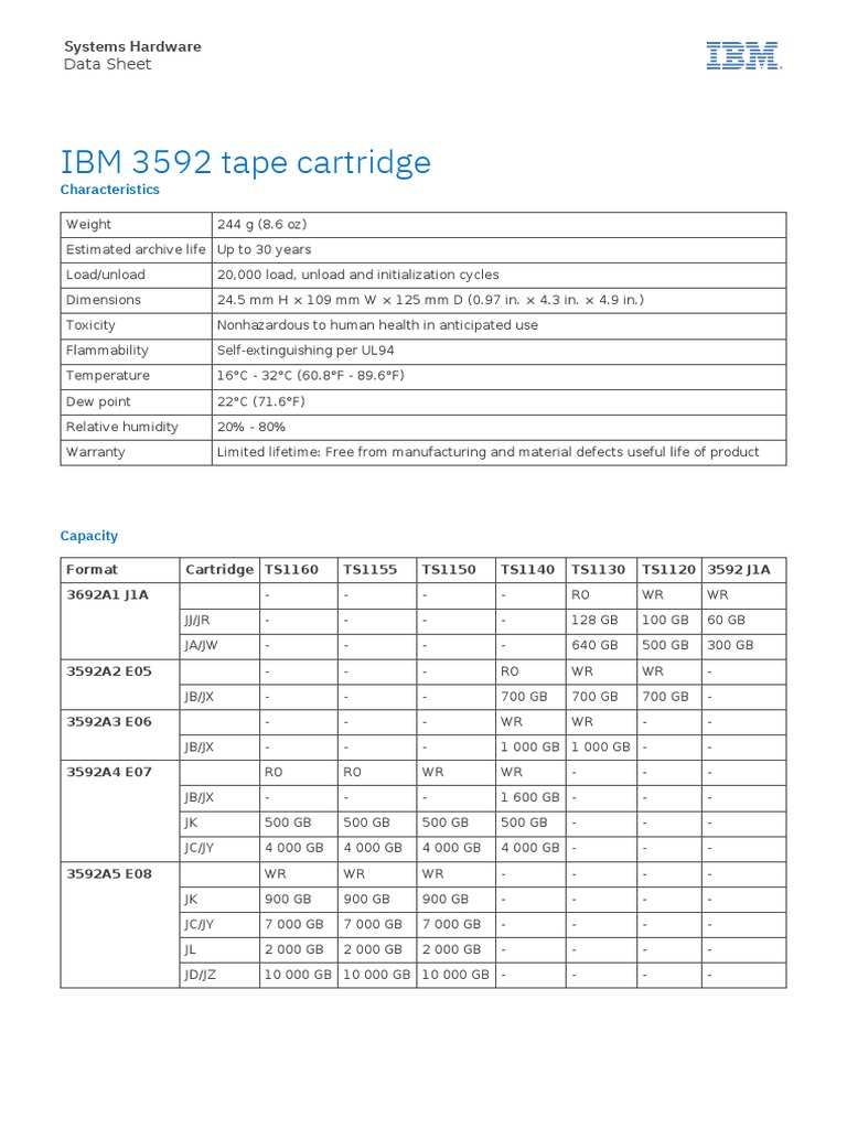 IBM 3592 Tape Cartridge Data Sheet | PDF | Computer Hardware | Storage ...