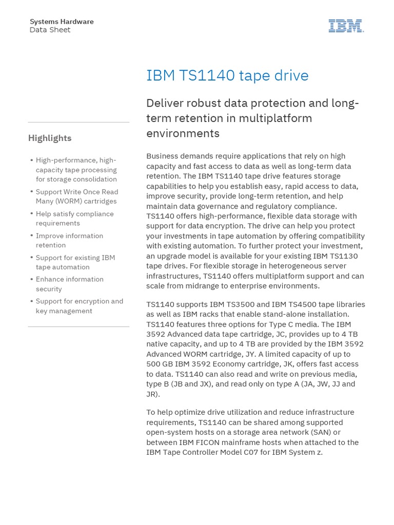 IBM TS1140 Tape Drive System Hardware Data Sheet | PDF | Computer Data ...