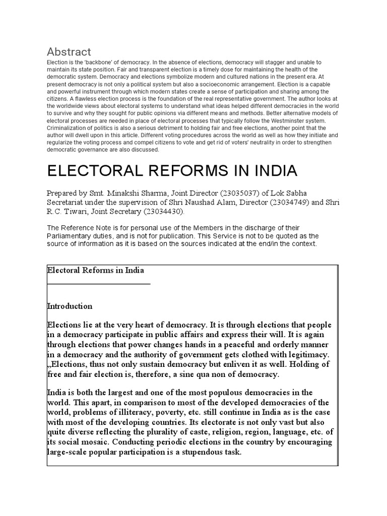 Electoral Reforms in India | PDF | Elections | Voting