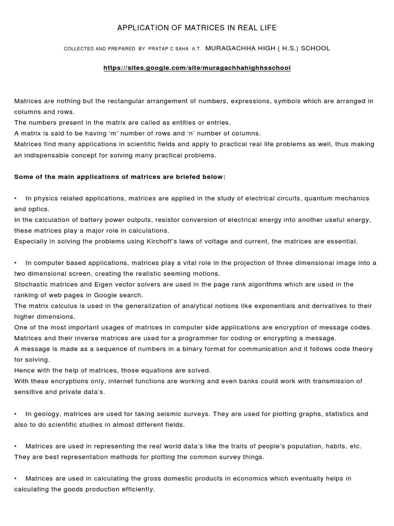 MATRICES - Application of Matrices in Real Life | PDF | Matrix ...