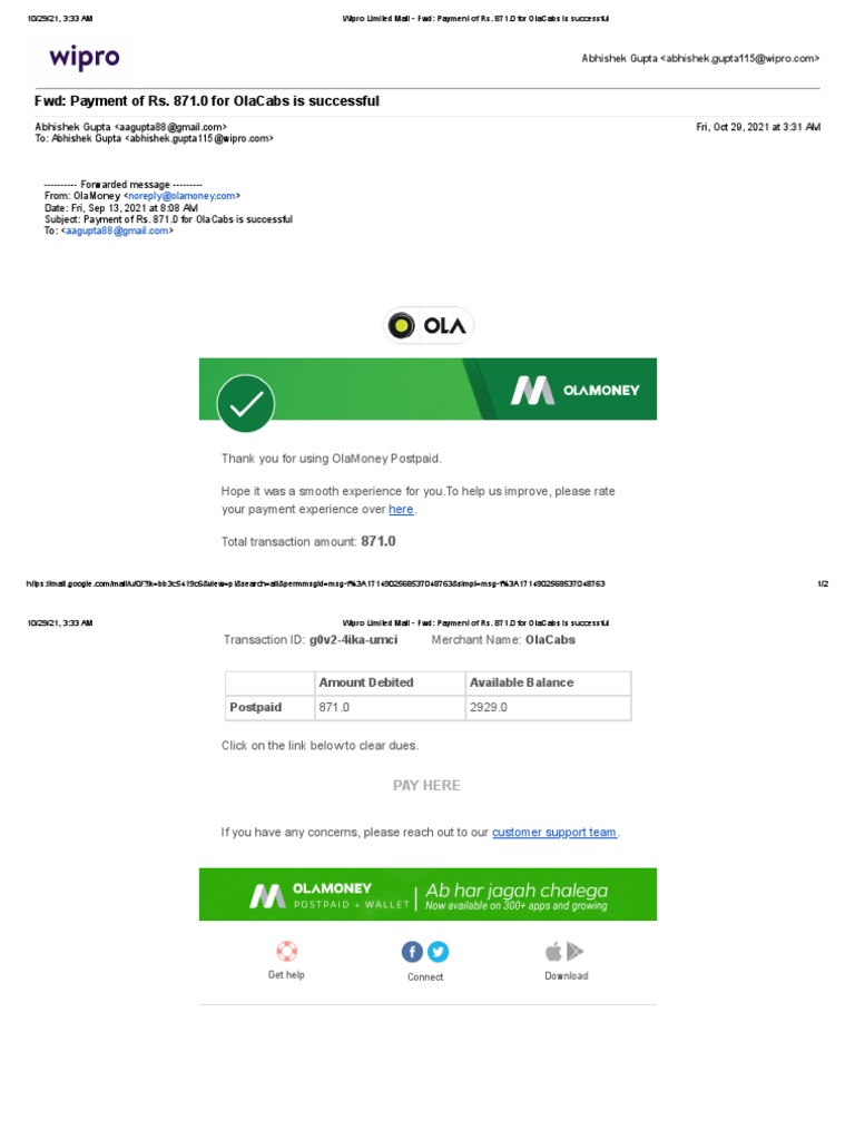 FWD: Payment of Rs. 871.0 For Olacabs Is Successful: Fri, Oct 29, 2021 ...
