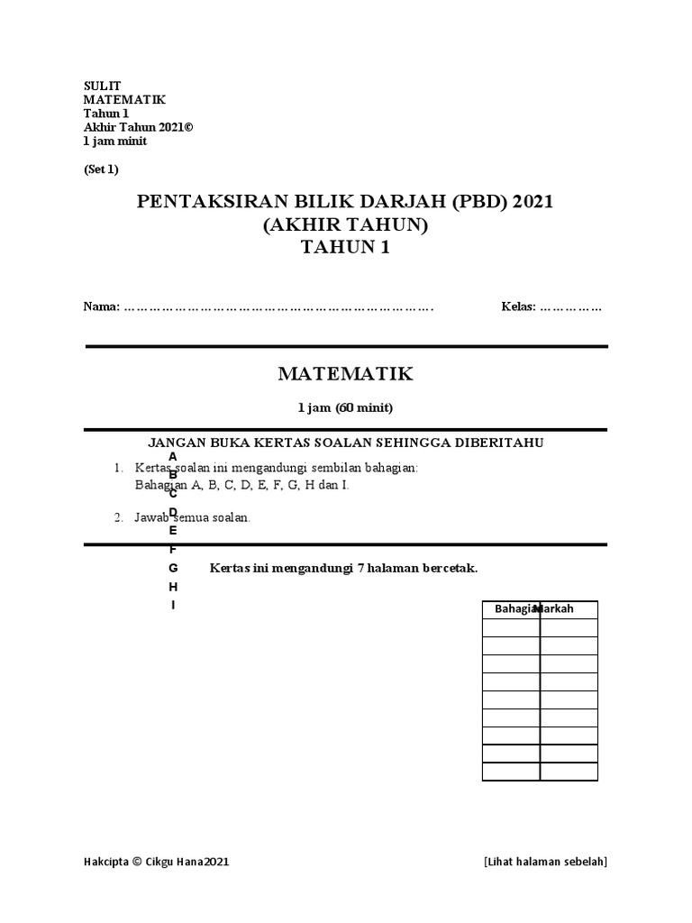 Set 1 Dan Set 2 Kertas PBD Akhir Tahun 2021 Matematik Tahun 1 DLP | PDF