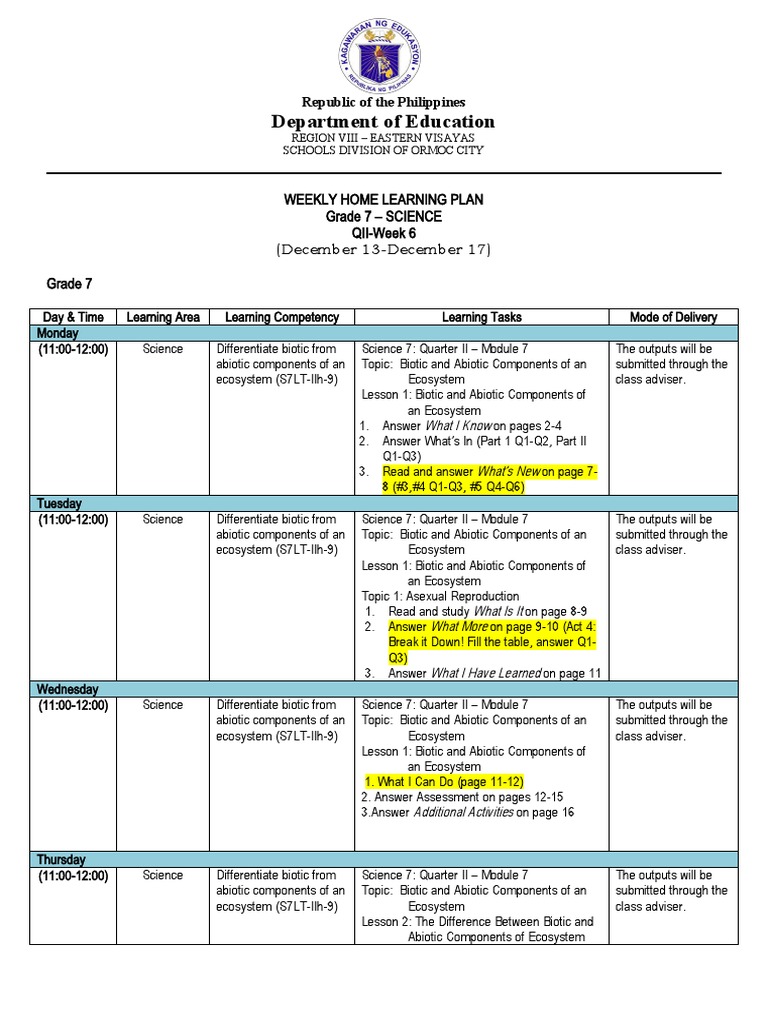 Sample Weekly Home Learning Plan | PDF | Ecology | Nature