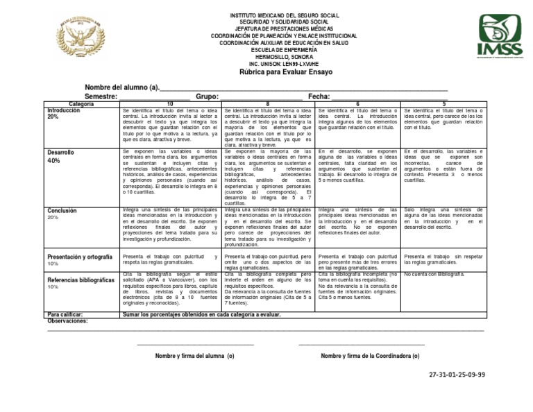 Rubrica para Evaluar Ensayo | PDF | Bibliografía | Ensayos