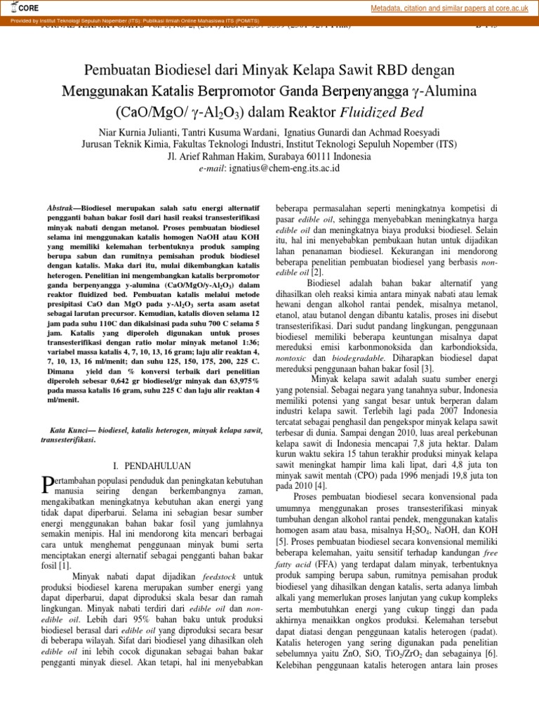 Pembuatan Biodiesel Dari Minyak Kelapa Sawit Rbd Dengan Menggunakan ...
