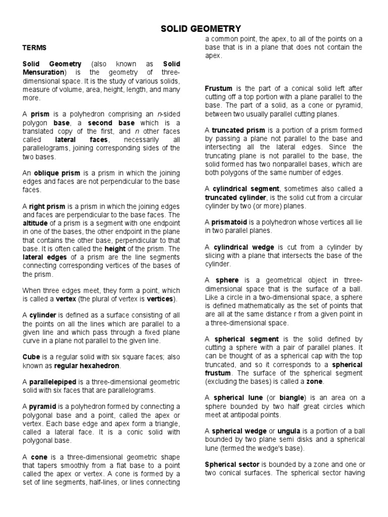 Solid Geometry | PDF | Sphere | Vertex (Geometry)