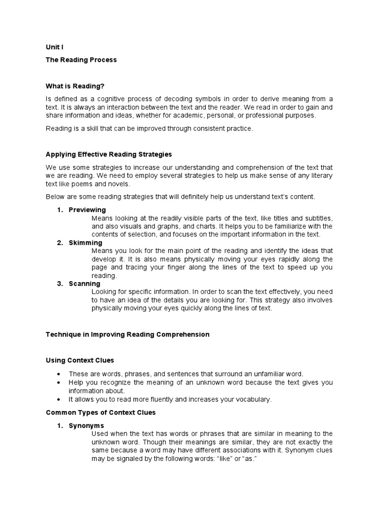 Unit I The Reading Process | PDF | Reading Comprehension | Cognition