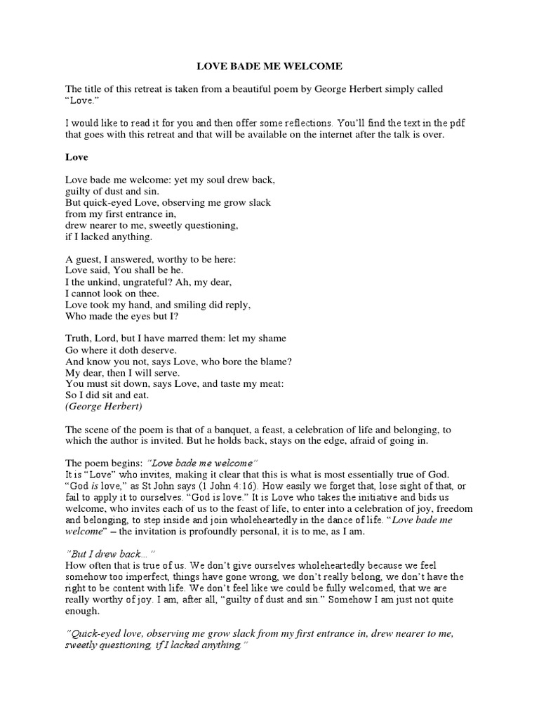 Love Bade Me Welcome Text | PDF | God | Love
