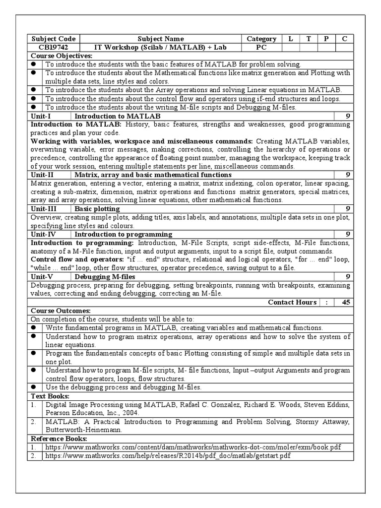 CB19742 IT Workshop (Scilab Matlab) | PDF | Matlab | Matrix (Mathematics)