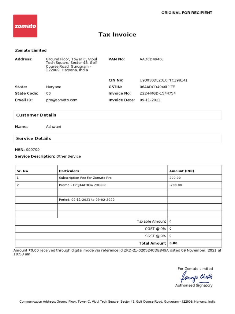 Zomato Tax Invoice for Subscription | PDF | Economies | Public Finance