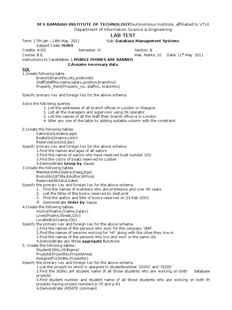 Sample Questions Rdbms Pdf Data Model Information Technology 2667