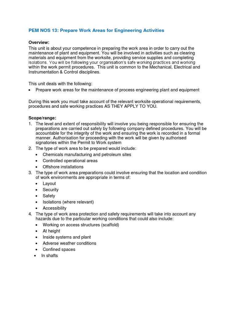 PEM NOS 13: Prepare Work Areas For Engineering Activities: Overview ...