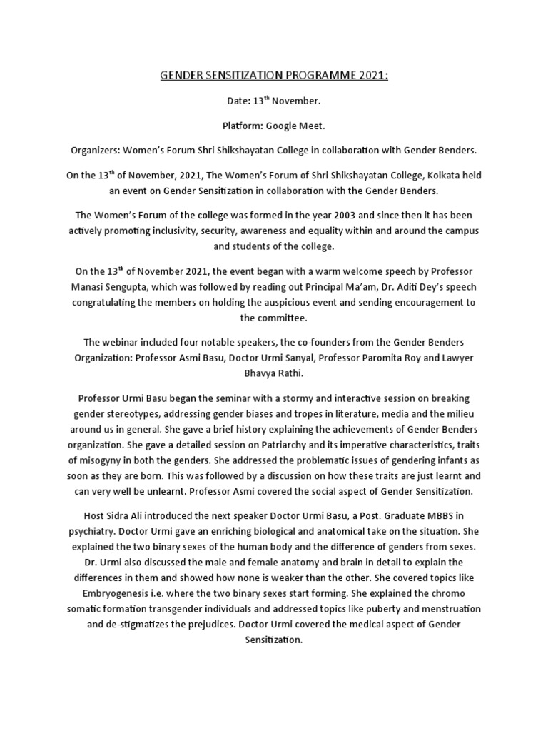 Gender Sensitization Programme Report 2021 | PDF | Gender | Gender Studies