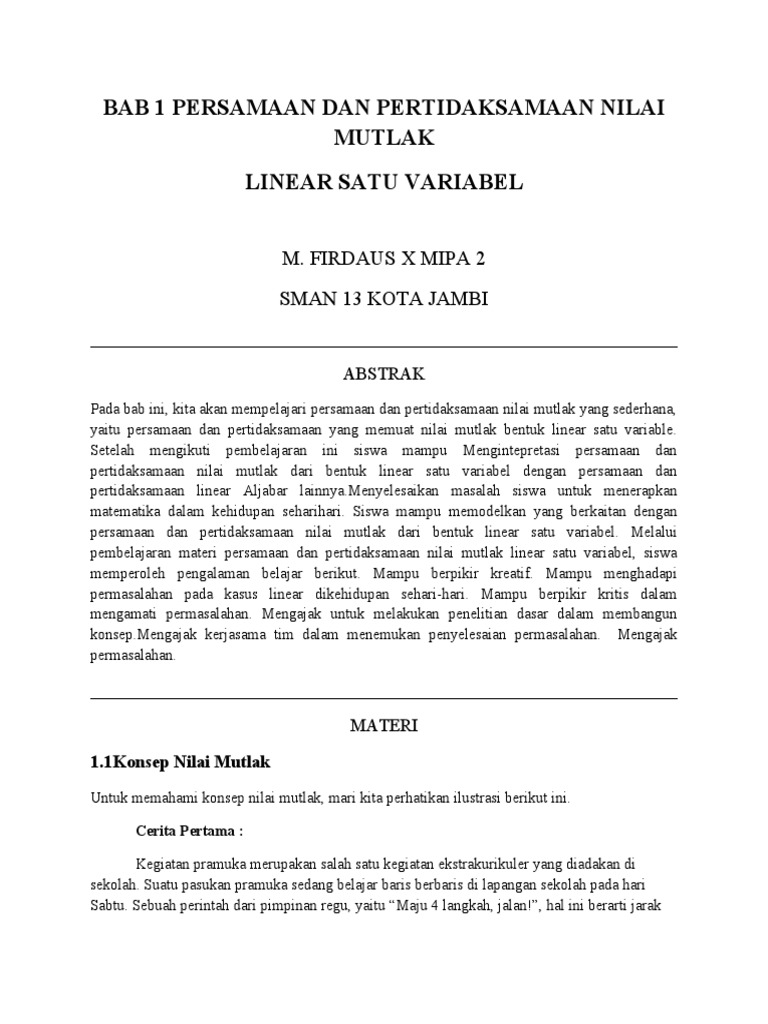 Jurnal .Persamaan Dan Pertidaksamaan Nilai Mutlak. | PDF