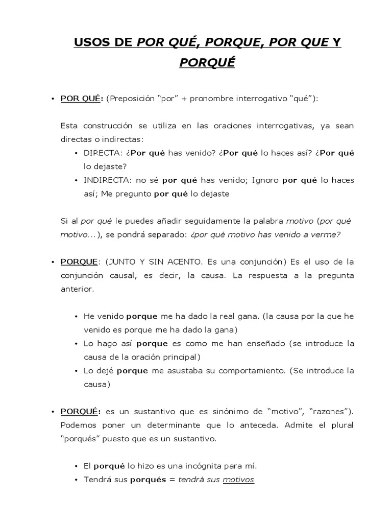 Usos de Por Que, Porqué, Porque y Por Que | PDF