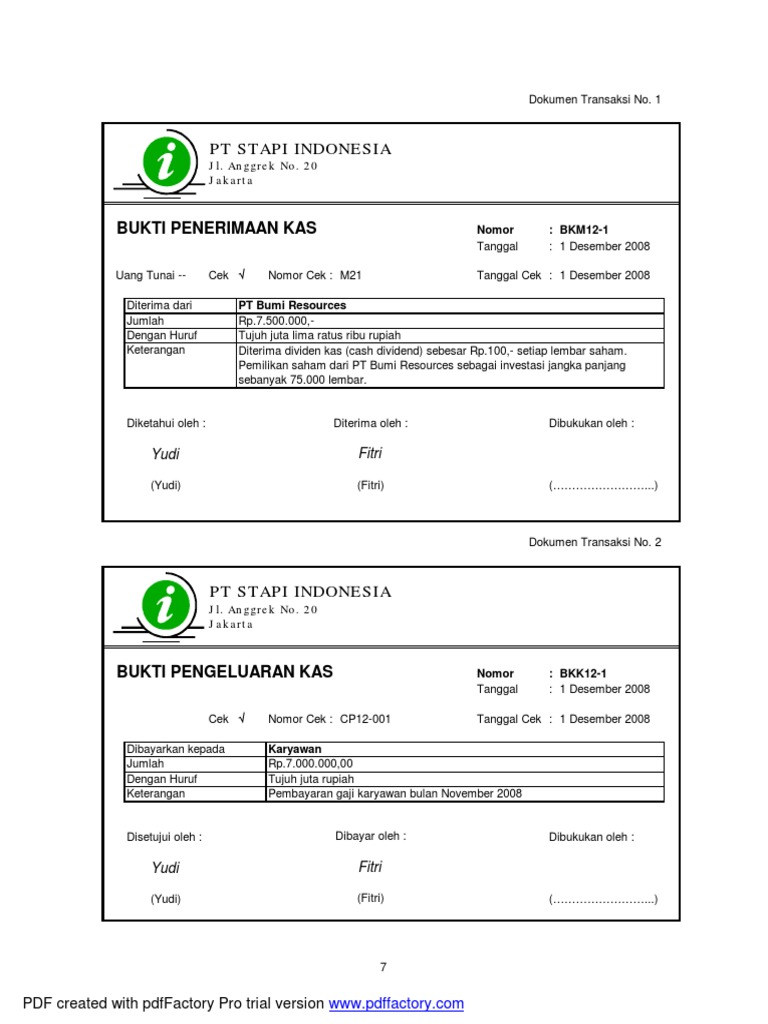 BUKTI PENGELUARAN KAS Nomor - BKK12-1 Tanggal - 1 Desember 2008 | PDF