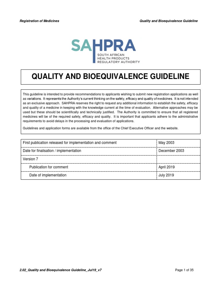 2 02 Quality And Bioequivalence Guideline Jul19 V7 1 Pdf