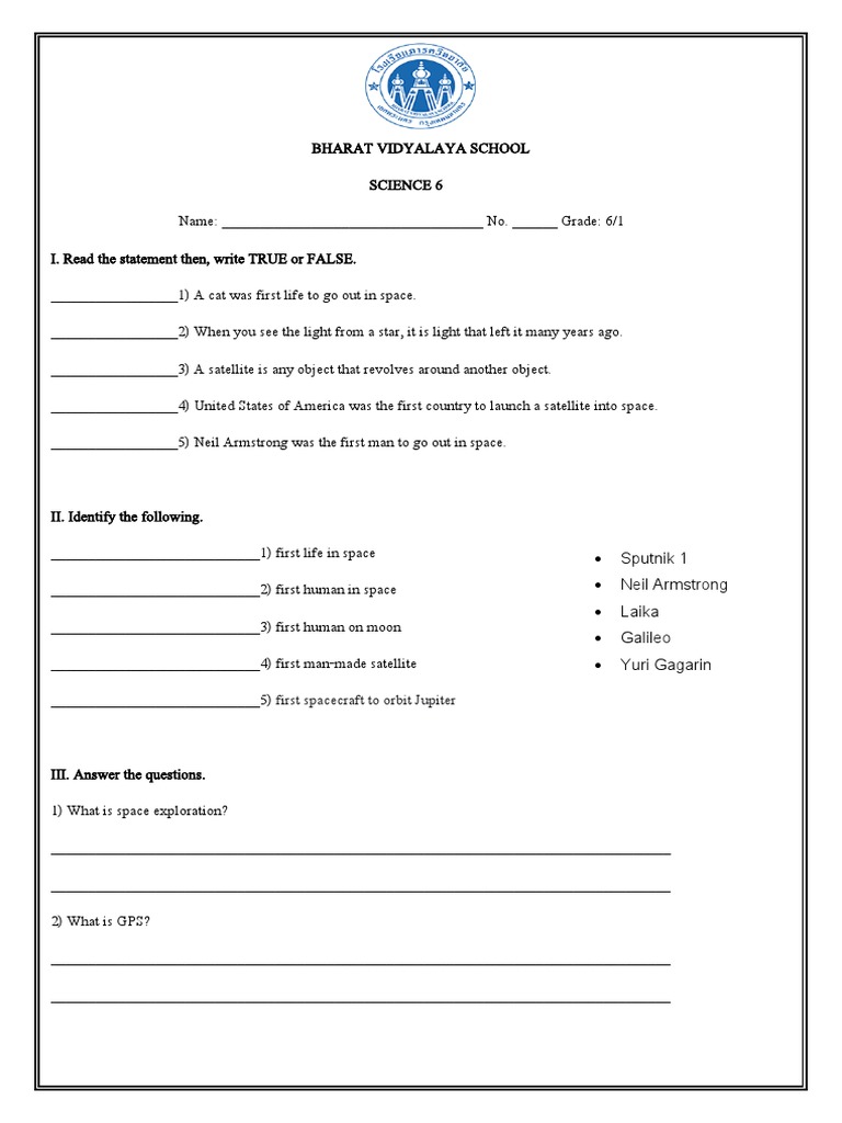Space Exploration Quiz for Grade 6 | PDF | Science & Mathematics