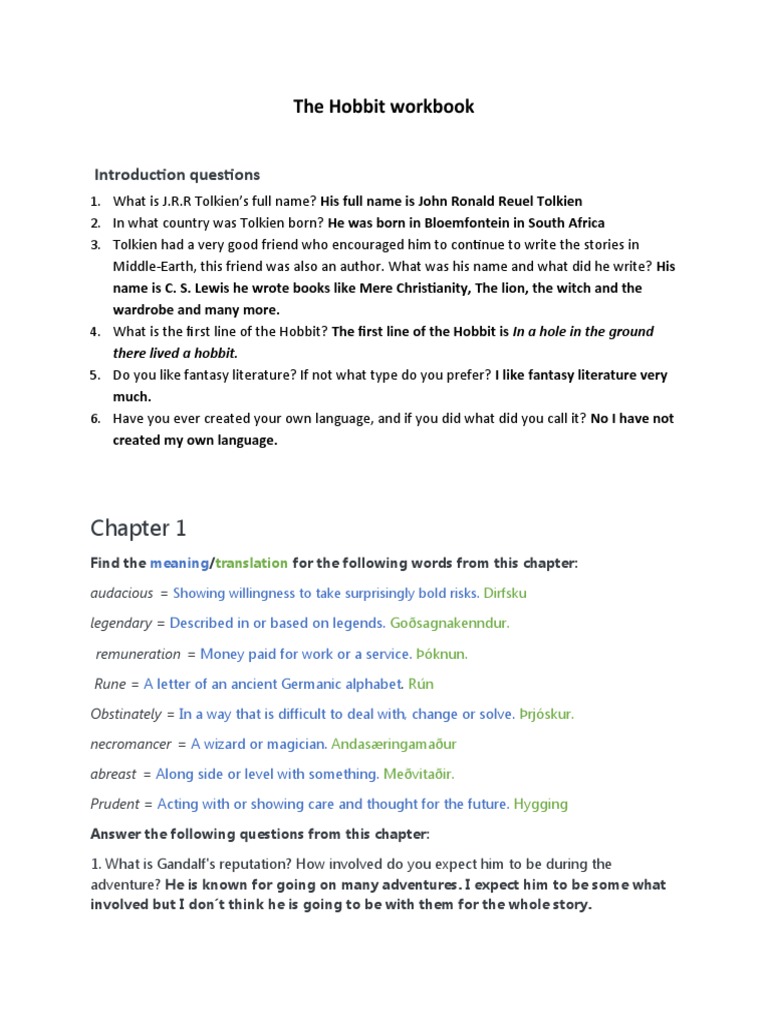 The Hobbit Workbook: Introduction Questions | Download Free PDF | Bilbo ...