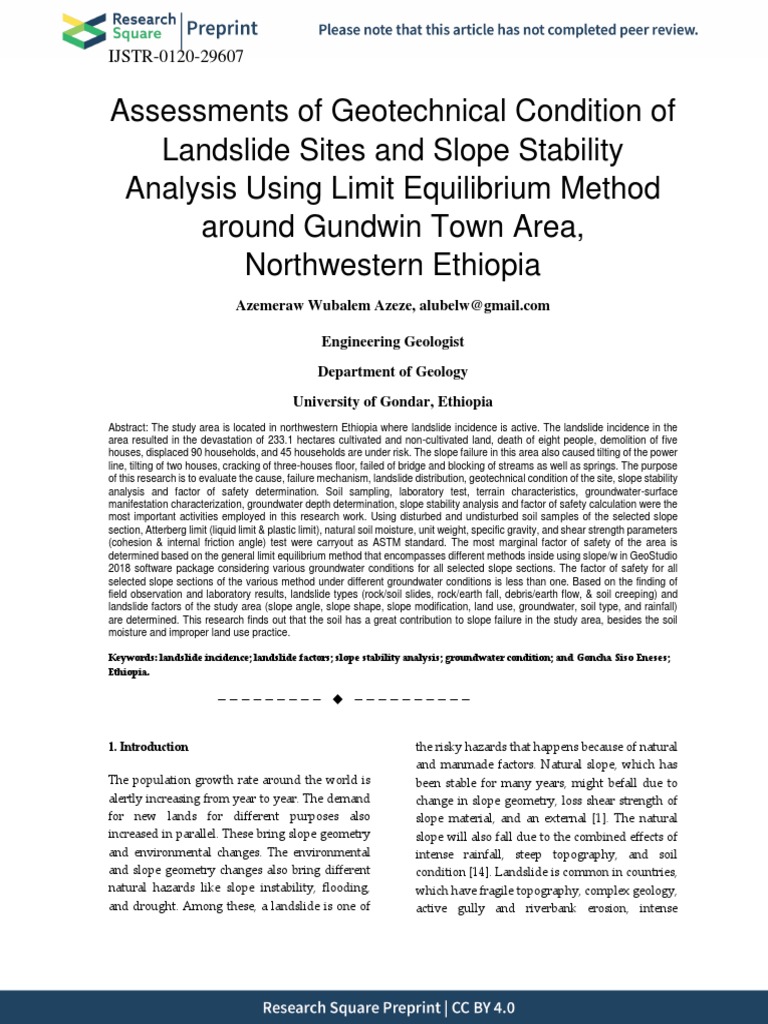 Assessing Landslide Risk and Slope Stability in Gundwin Town, Northwestern Ethiopia Through ...