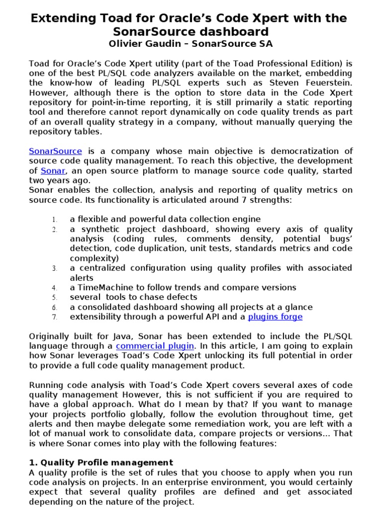 Extending Toads Code Xpert With The Sonar Source Dashboard | PDF | Pl/Sql | Sql