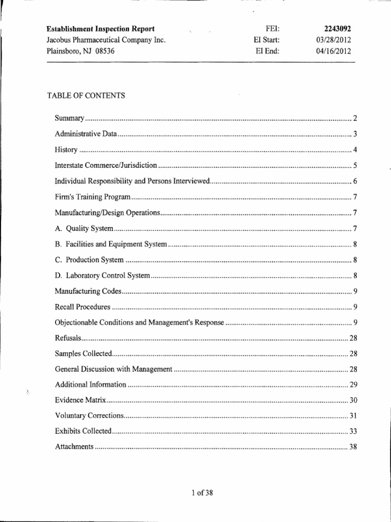 Jacobus Pharmaceutical Company Inc. Plainsboro NJ EIR For Inspection ...