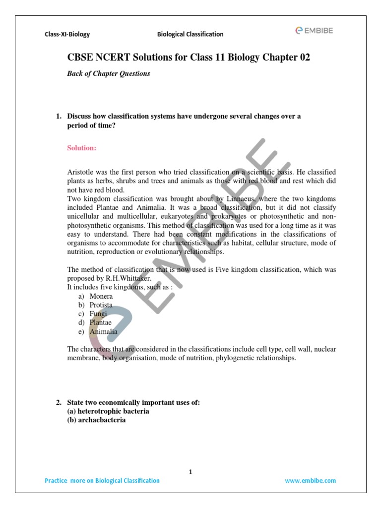 CBSE NCERT Solutions For Class 11 Biology Chapter 02: Back of Chapter ...