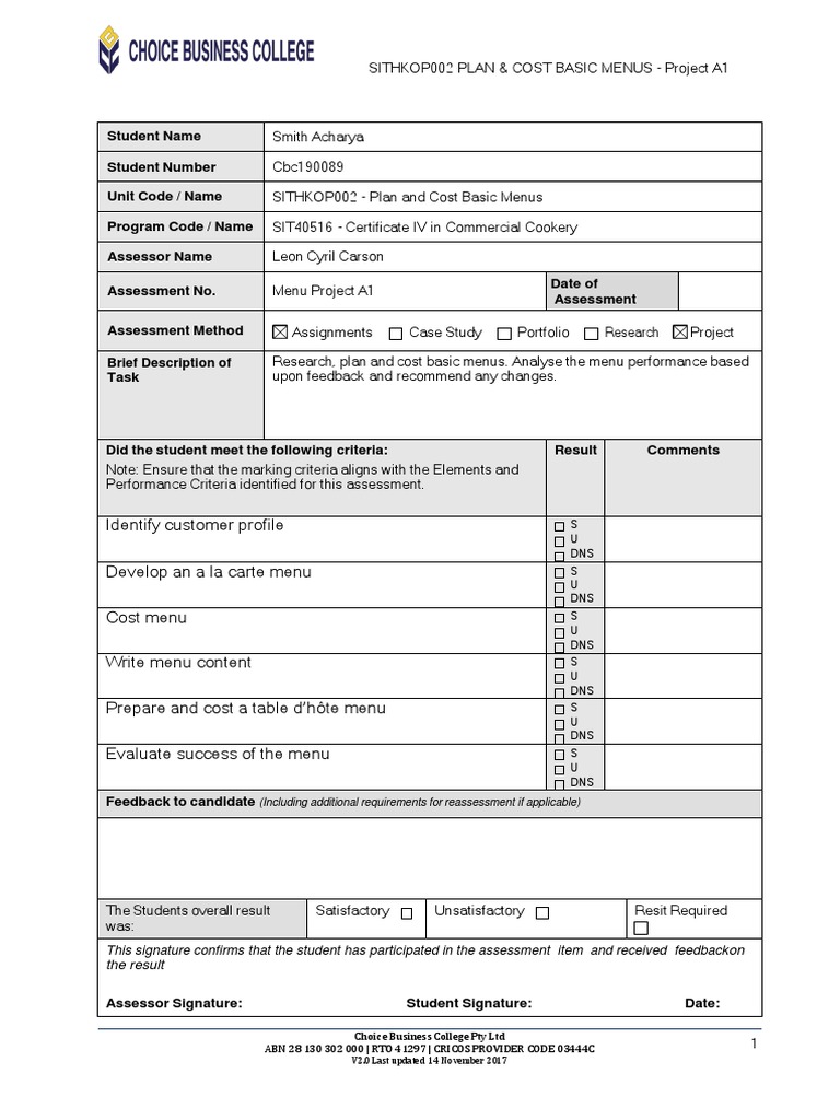 Assessment A1 - Menu Project 1 | PDF | Menu | Entrée