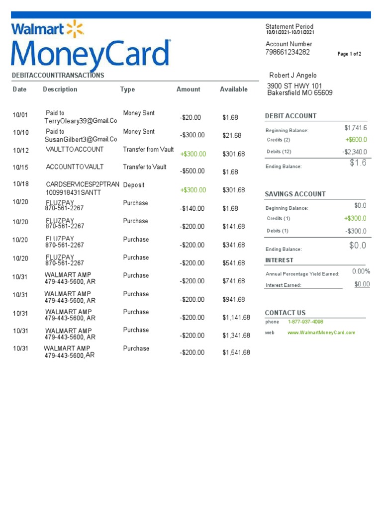 Walmart Moneycard Bank Statement | PDF | Financial Transaction | Debits ...
