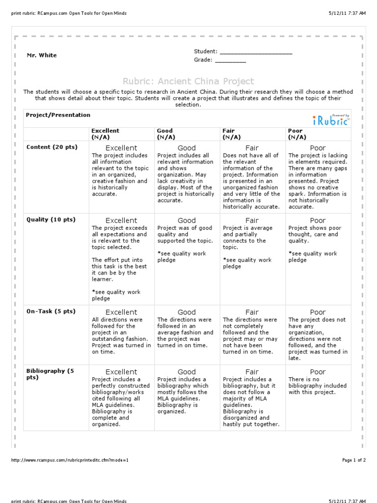 The Ancient China Project Rubric | PDF | Rubric (Academic) | Information