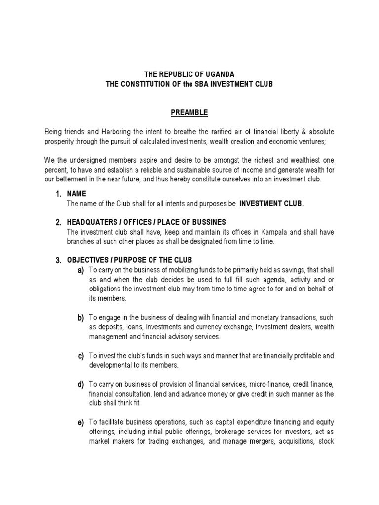 The Republic of Uganda The Constitution of The Sba Investment Club ...