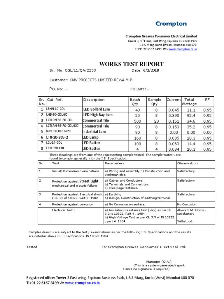 Works Test Report: Crompton Greaves Consumer Electrical Limited | PDF ...