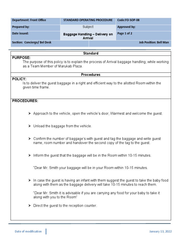 Baggage Handling SOP for Guest Arrival | PDF | Baggage