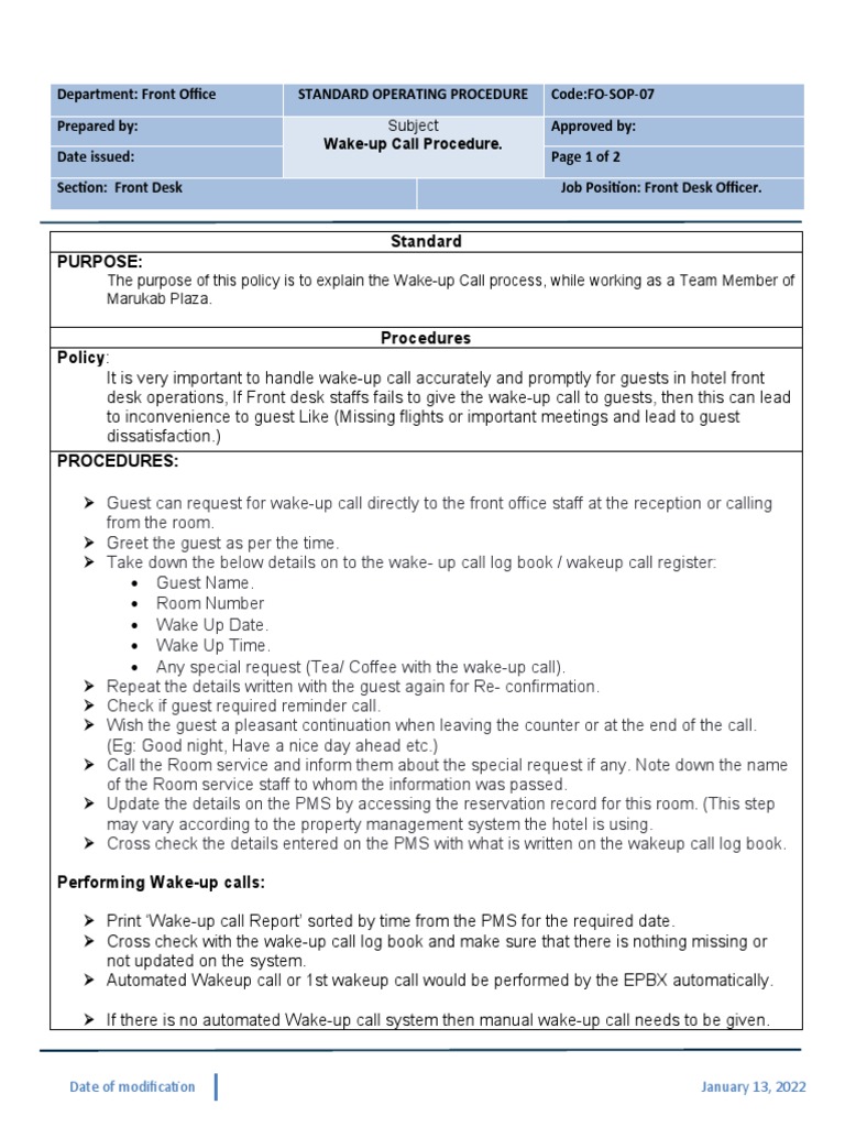 SOP - Wake-Up Call Procedure | PDF