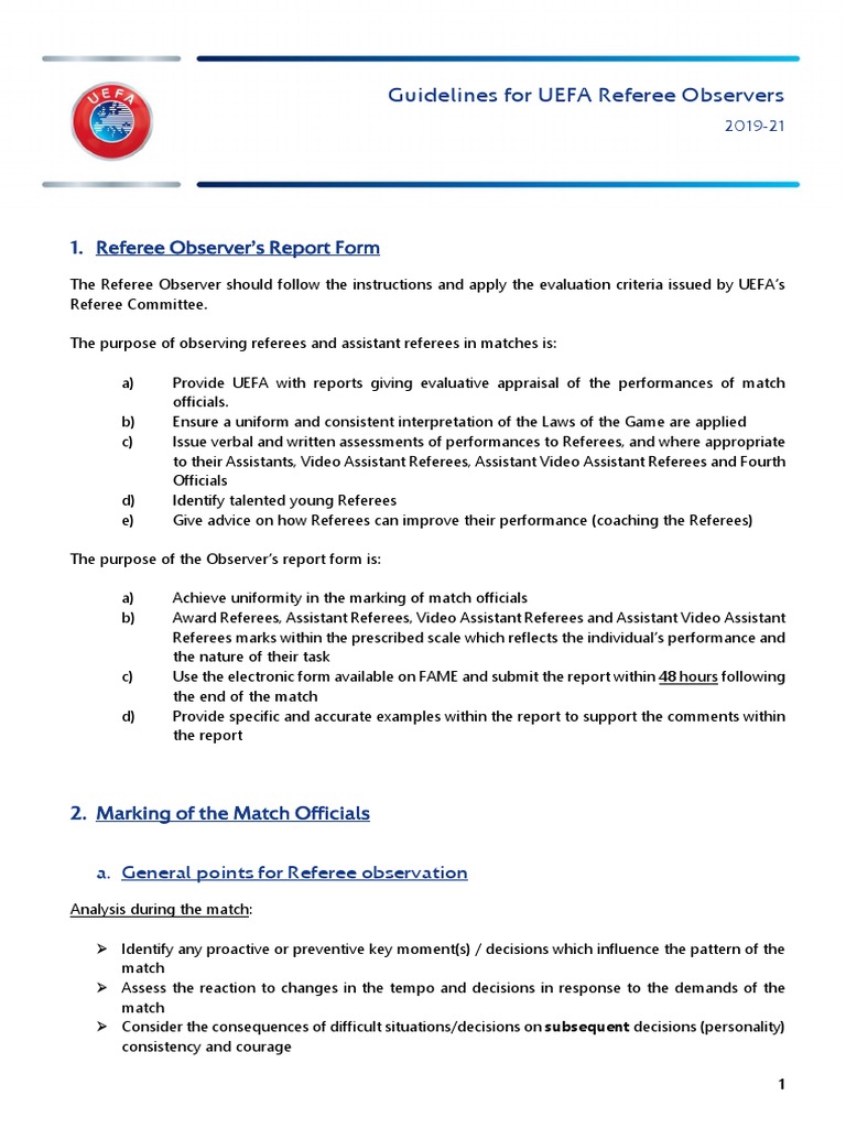 UEFA Referee Observer Guidelines 2019-21 | PDF | Sports | Sport Variants