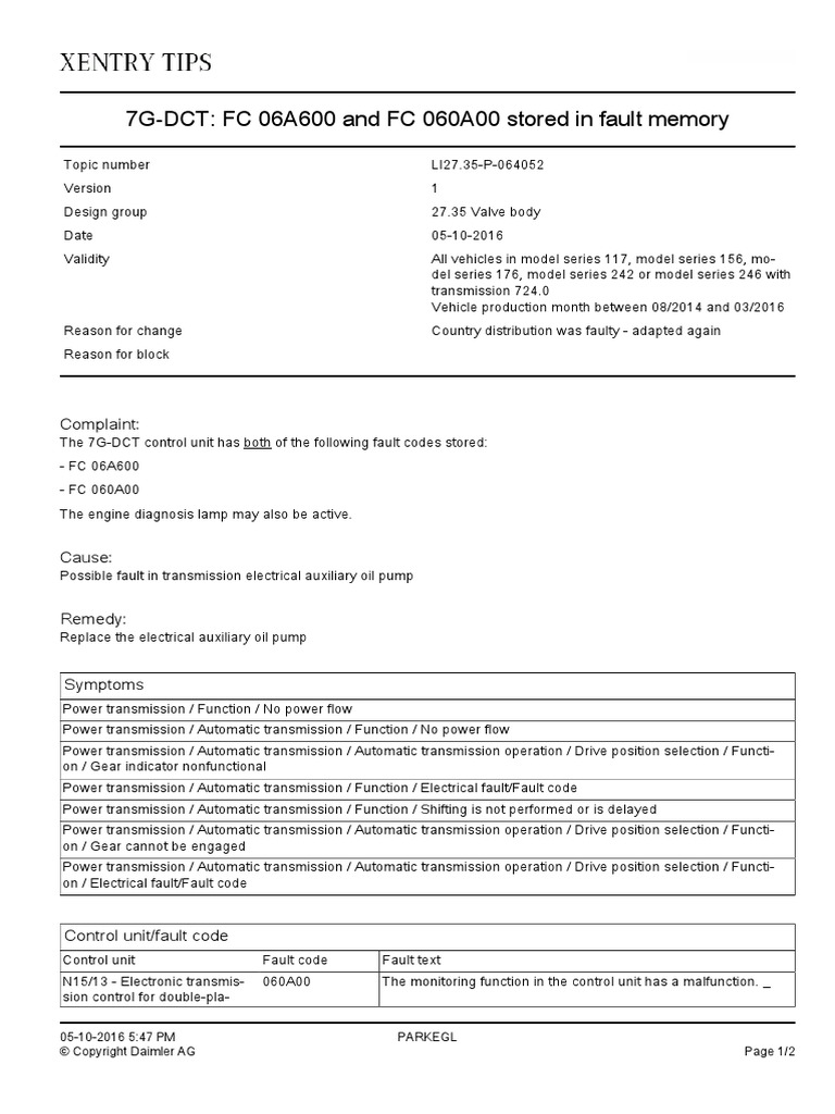 7G-DCT: FC 06A600 and FC 060A00 Stored in Fault Memory: Complaint | PDF ...