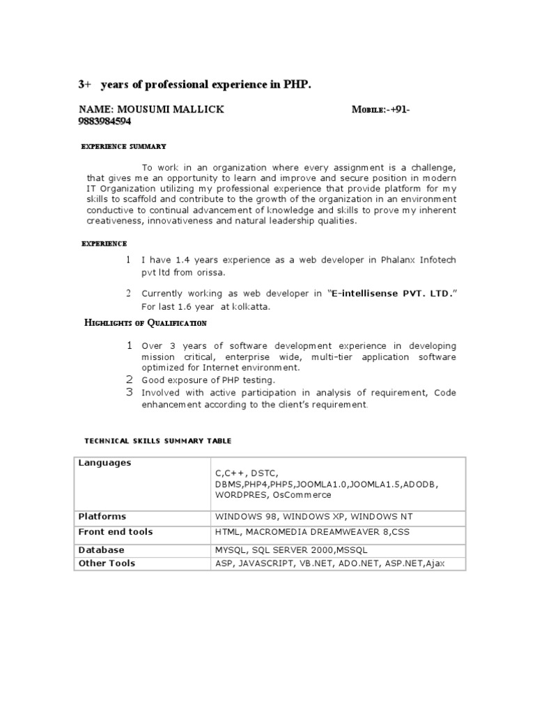 3+ Years of Professional Experience in PHP.: Name: Mousumi Mallick M:-+91-9883984594 | PDF ...