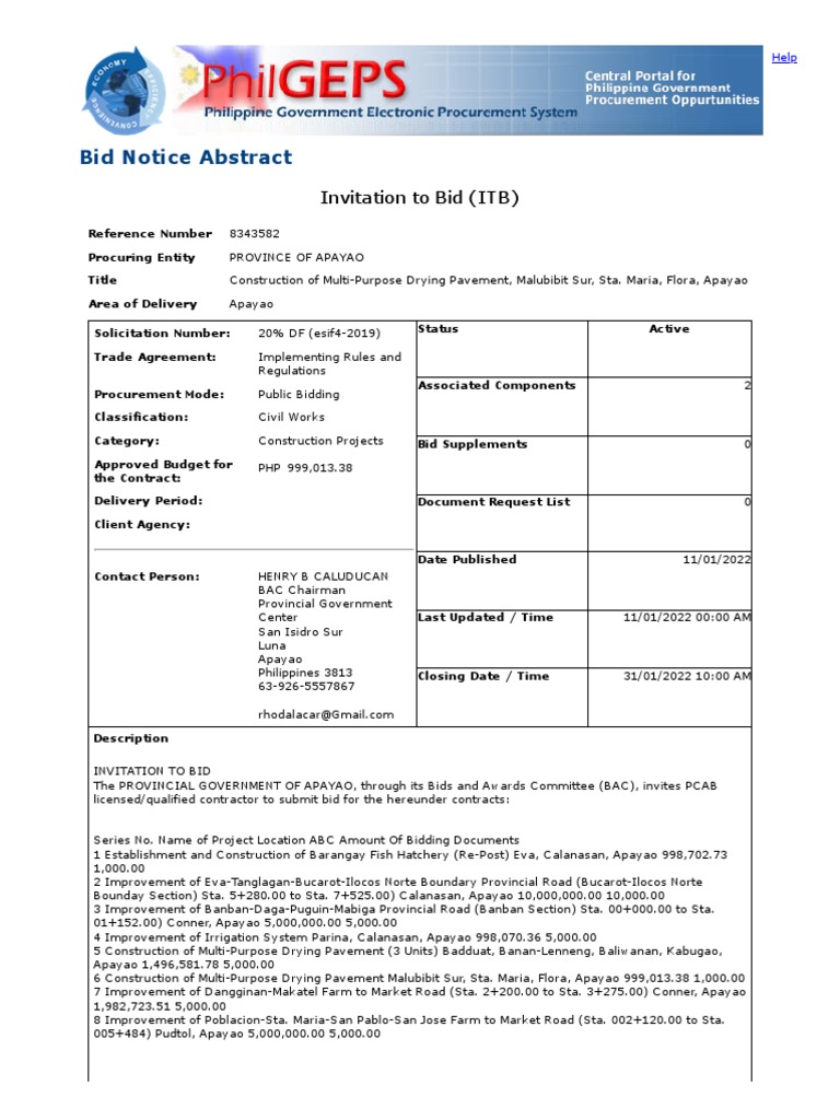 Bid Notice Abstract: Invitation To Bid (ITB) | PDF | Economies
