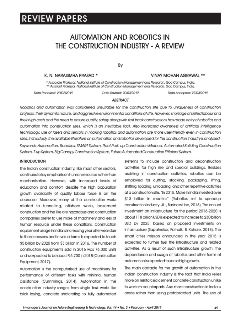 Review Papers: Automation and Robotics in The Construction Industry - A ...
