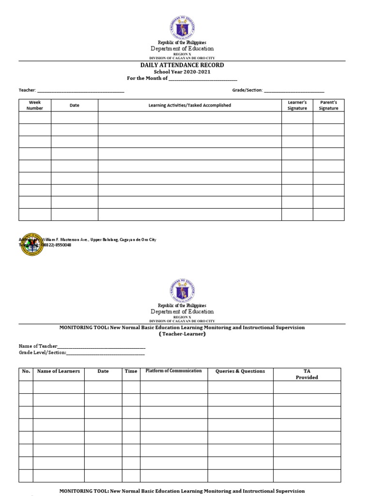 Department of Education: Daily Attendance Record | Download Free PDF ...
