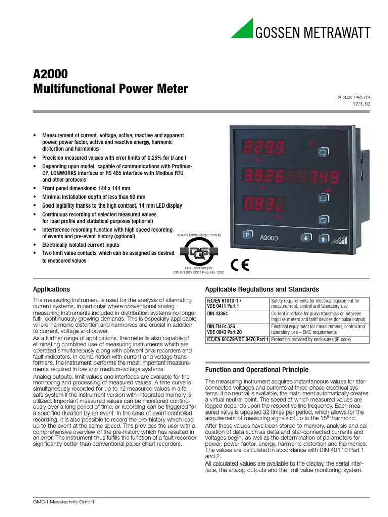 Multi-Function Power Meter - A2000 | PDF | Power Supply | Transformer