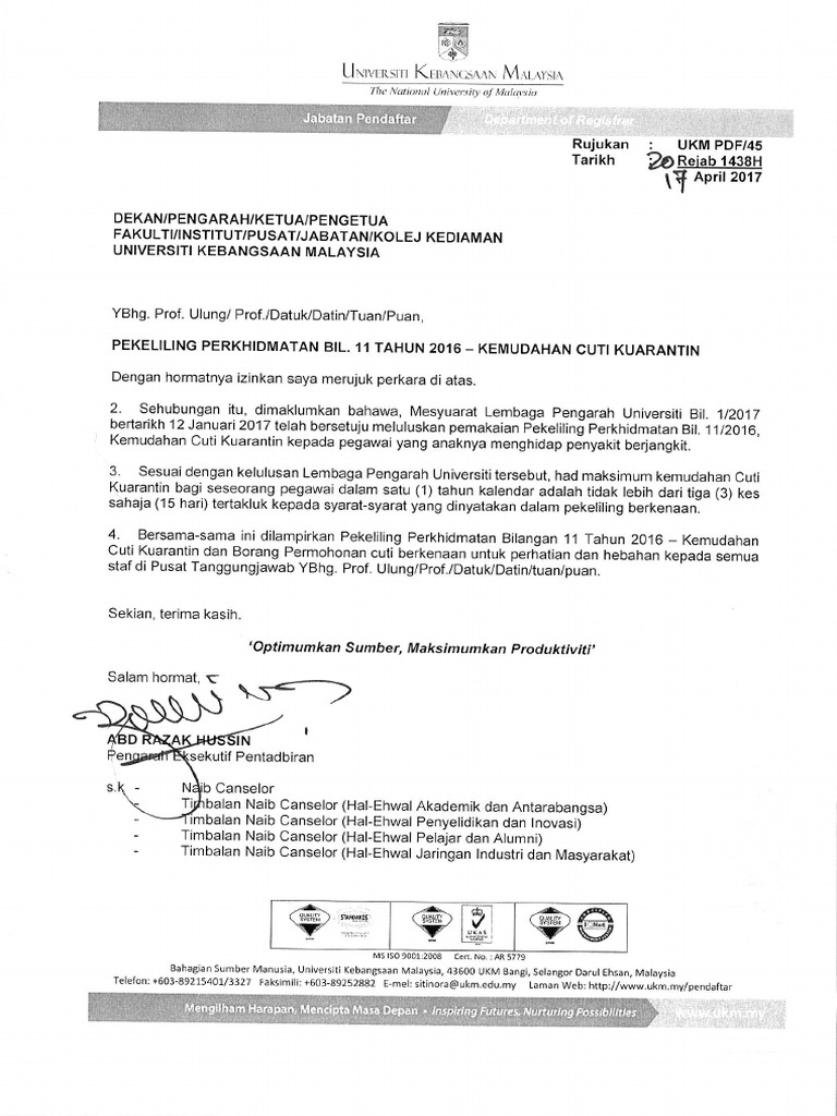 Pekeliling Cuti Kuarantin UKM | PDF