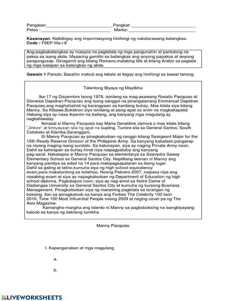 Pagbabalangkas Worksheet | PDF