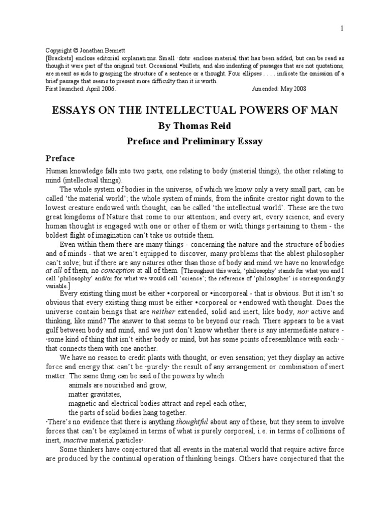 Essays On The Intellectual Powers of Man: by Thomas Reid Preface and ...